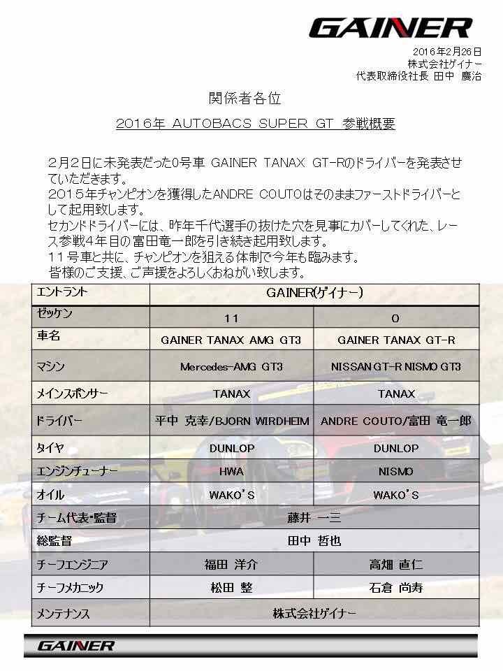 0号車のドライバーラインナップ発表！！ - 株式会社ゲイナー｜GAINER.INC